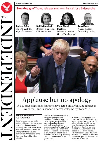 The Independent (UK) Front Page for 26 September 2019 | Paperboy Online ...