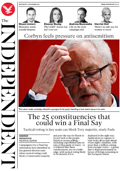The Independent (UK) Front Page for 27 November 2019 | Paperboy Online ...
