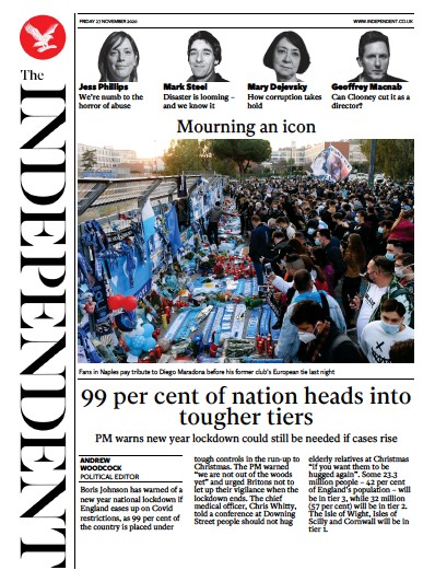 The Independent (UK) Front Page for 27 November 2020 | Paperboy Online ...