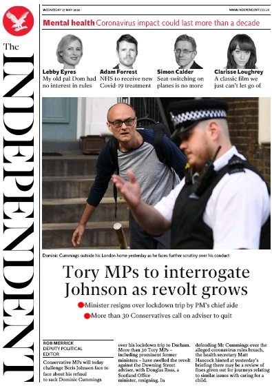 The Independent (UK) Front Page for 27 May 2020 | Paperboy Online ...