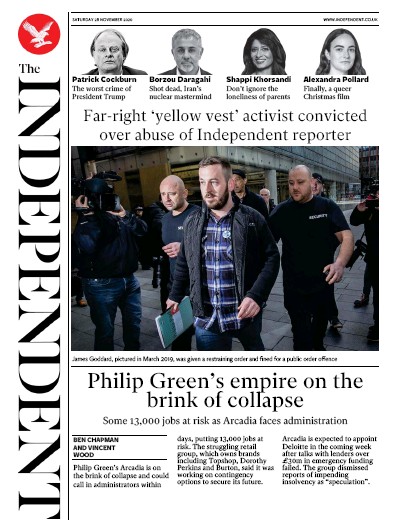 The Independent (UK) Front Page for 28 November 2020 | Paperboy Online ...