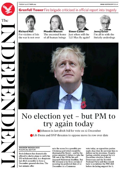 The Independent (UK) Front Page for 29 October 2019 | Paperboy Online ...