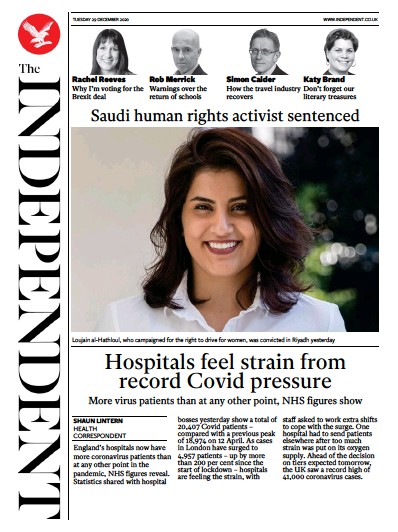 The Independent (UK) Front Page for 29 December 2020 | Paperboy Online ...