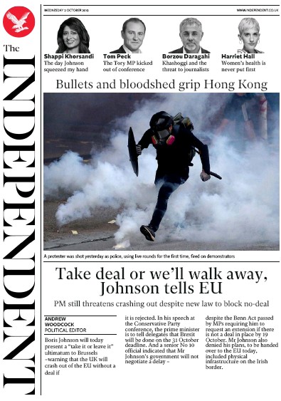 The Independent (UK) Front Page for 2 October 2019 | Paperboy Online ...