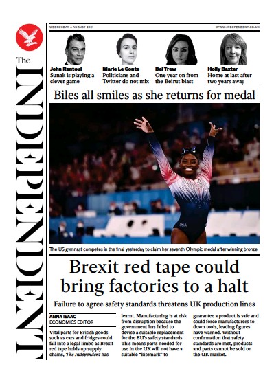 The Independent (UK) Front Page for 5 August 2021 | Paperboy Online ...