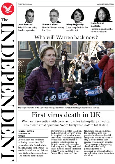 The Independent (UK) Front Page for 6 March 2020 | Paperboy Online ...