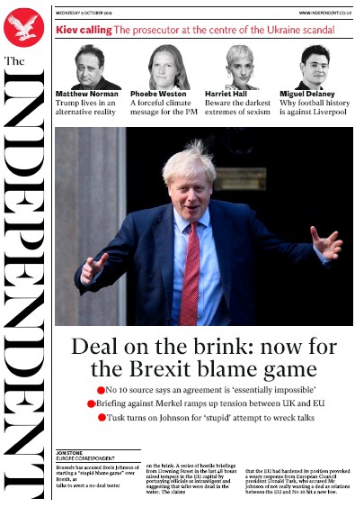The Independent (UK) Front Page for 9 October 2019 | Paperboy Online ...