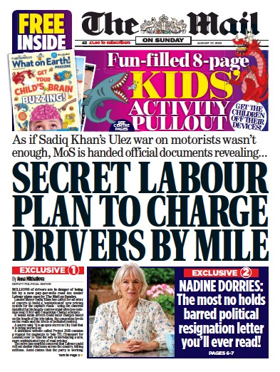 The Mail on Sunday (UK) Front Page for 27 August 2023 | Paperboy Online Newspapers