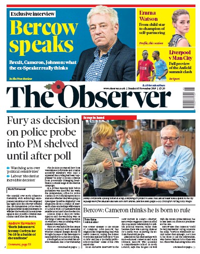 The Observer (UK) Front Page for 10 November 2019 | Paperboy Online ...