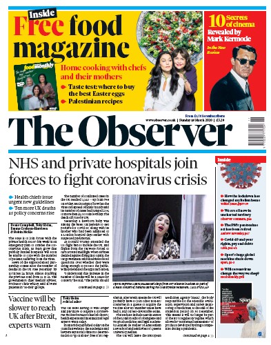 The Observer (UK) Front Page for 15 March 2020 | Paperboy Online Newspapers