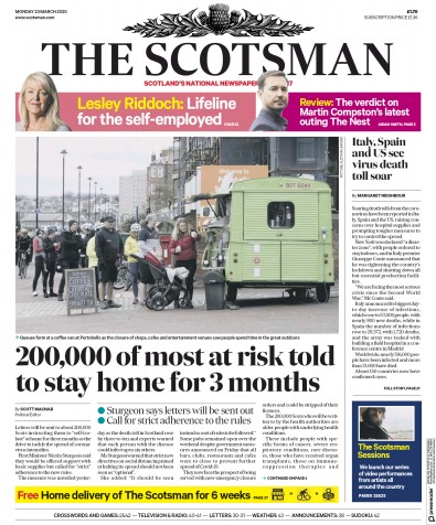 The Scotsman (UK) Front Page for 23 March 2020 | Paperboy Online Newspapers